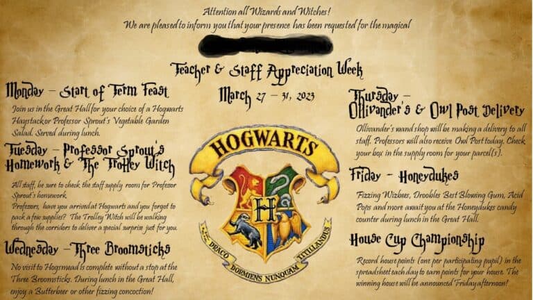 Harry Potter Theme Teacher Appreciation Week {Decorations, Schedule ...