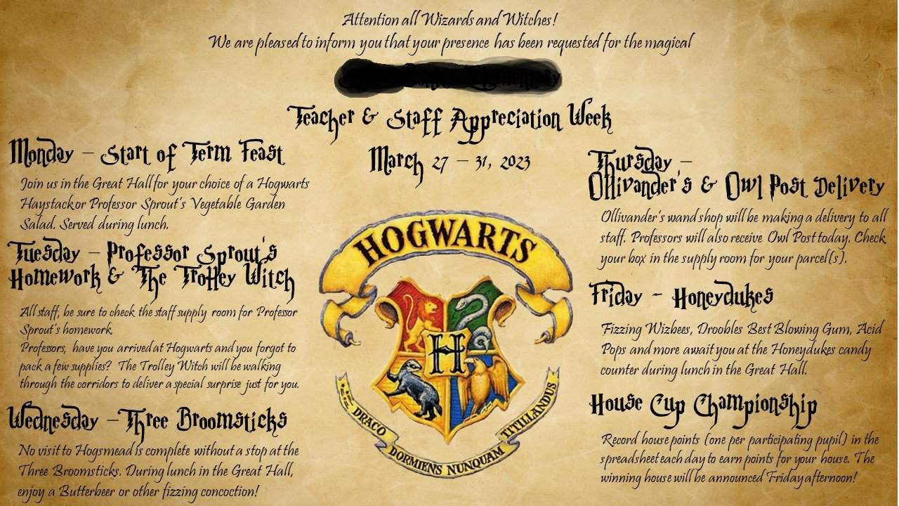 Harry Potter Theme Teacher Appreciation Week {Decorations, Schedule ...
